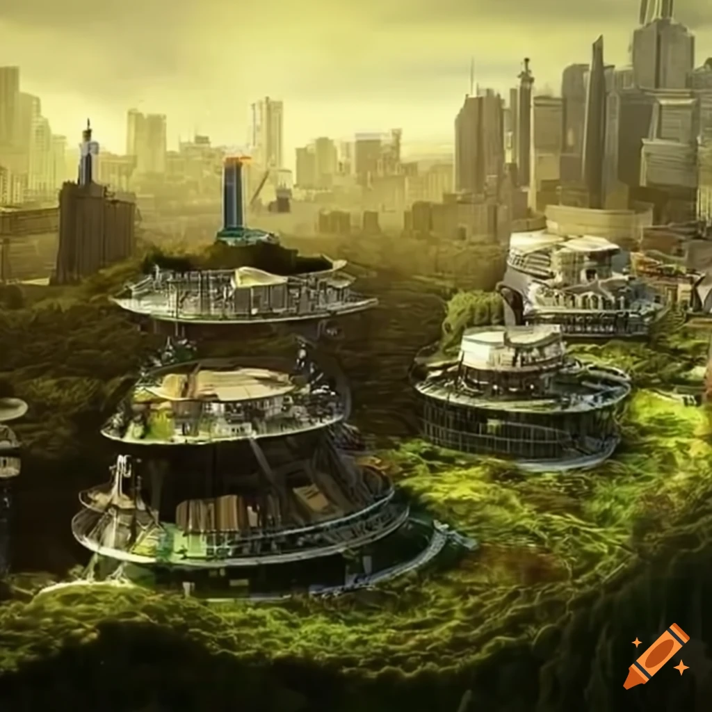 View of a solar-powered city with farmlands and tall buildings on Craiyon