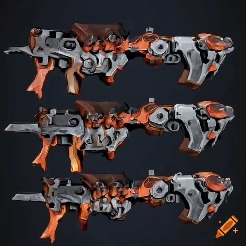 Stylized concept art of modular weapons on Craiyon