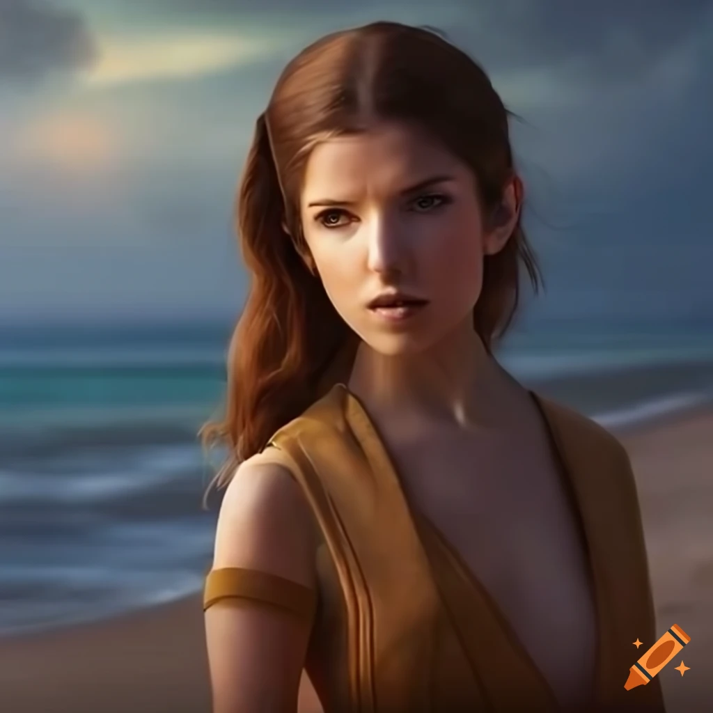 Photorealistic depiction of Anna Kendrick as a Jedi on a beach on Craiyon