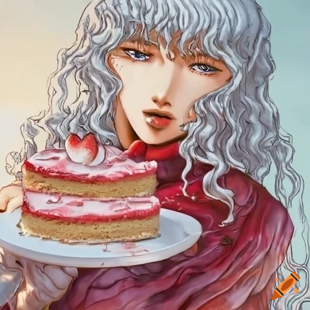 Griffith from Berserk enjoying strawberry cake on Craiyon