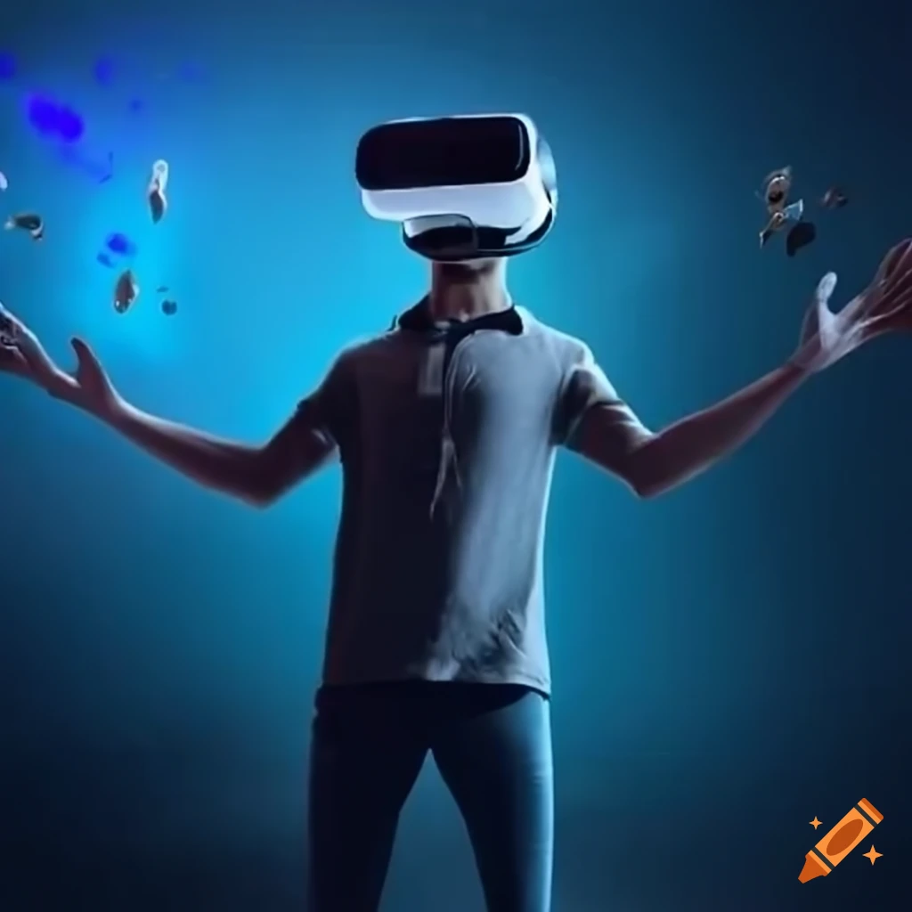 Man with virtual reality headset writing in the void on a holotile floor on Craiyon