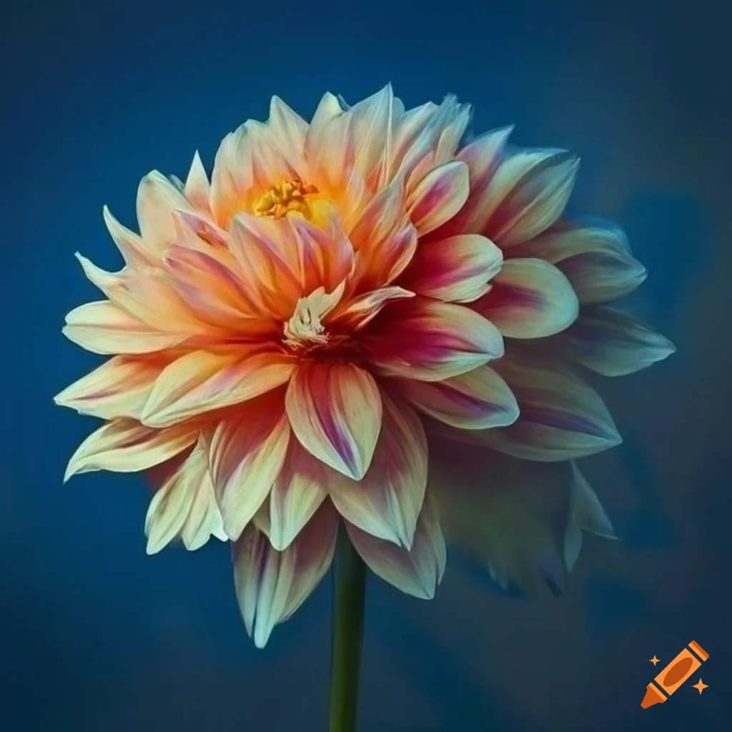 Art nouveau painting of a blue hour dahlia on Craiyon