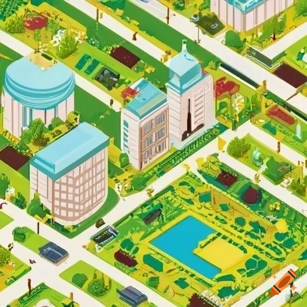 Isometric city map with park and administrative buildings on Craiyon