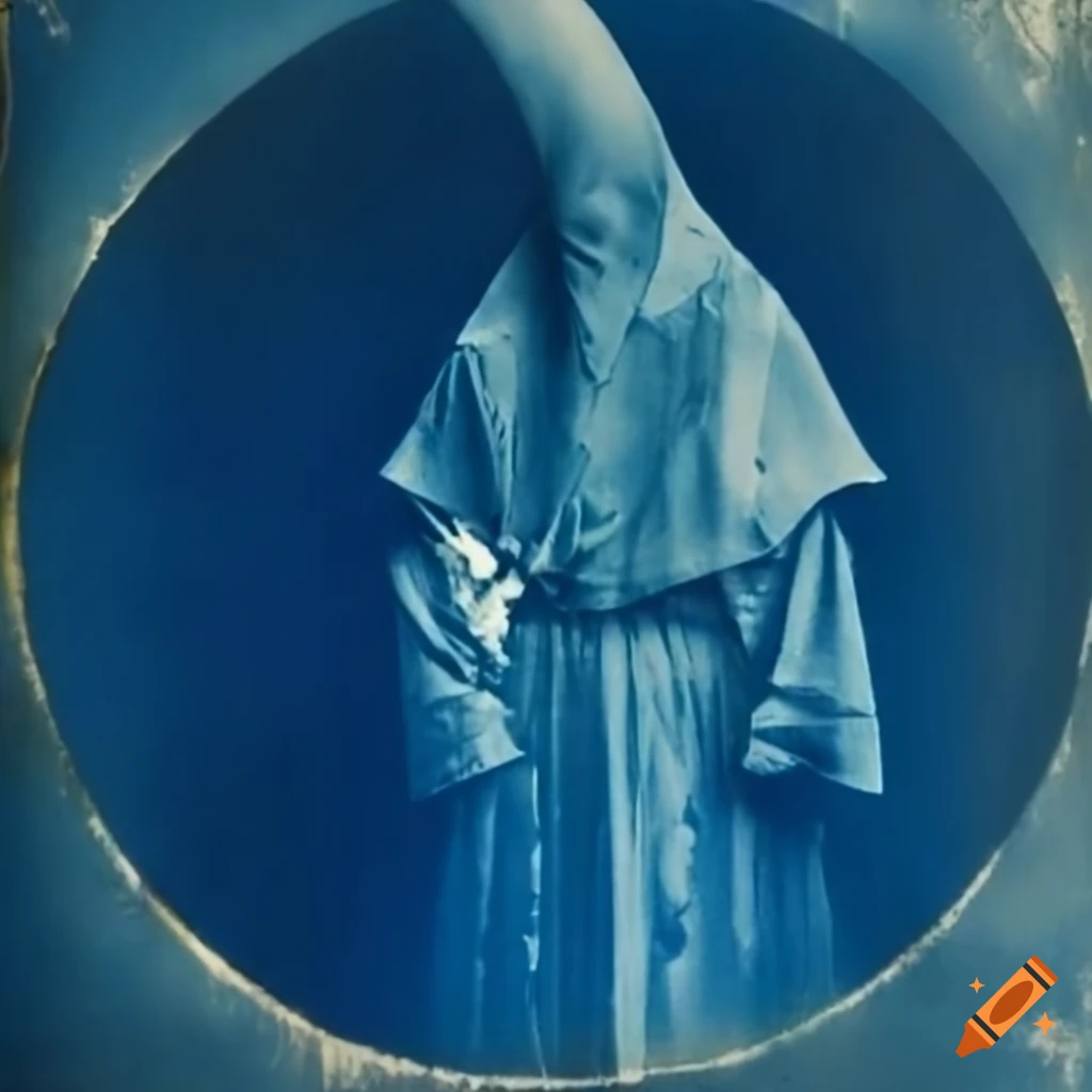 Cyanotype photo of hooded cult members climbing trees on Craiyon