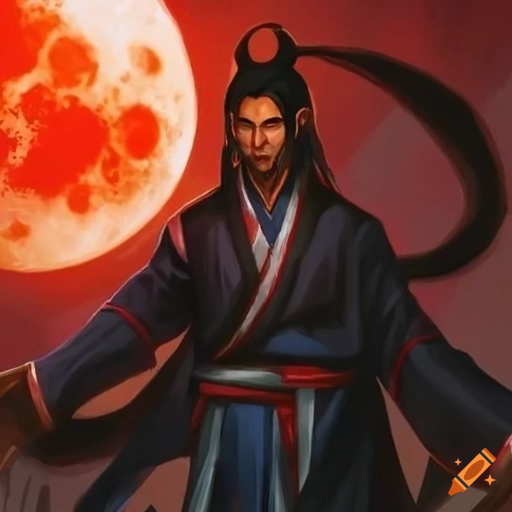 Blood moon with an asian elf male in ancient chinese robes on Craiyon