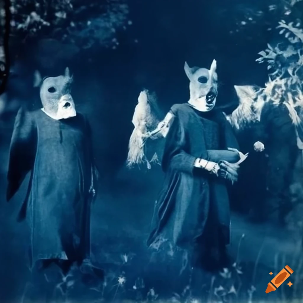 Artwork of a procession of cult members wearing animal masks