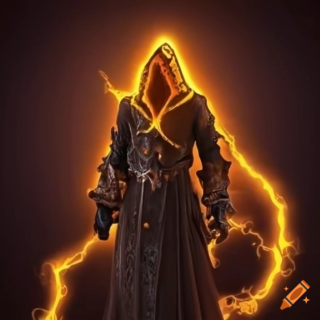 Illustration of a robed figure with glowing battleaxe on Craiyon