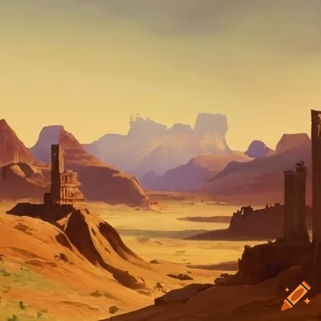 Post-apocalyptic desert landscape with old fortress ruins and scarce ...