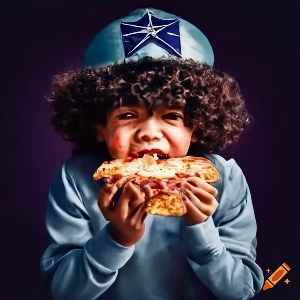 Young boy eating pizza and expressing sadness on Craiyon