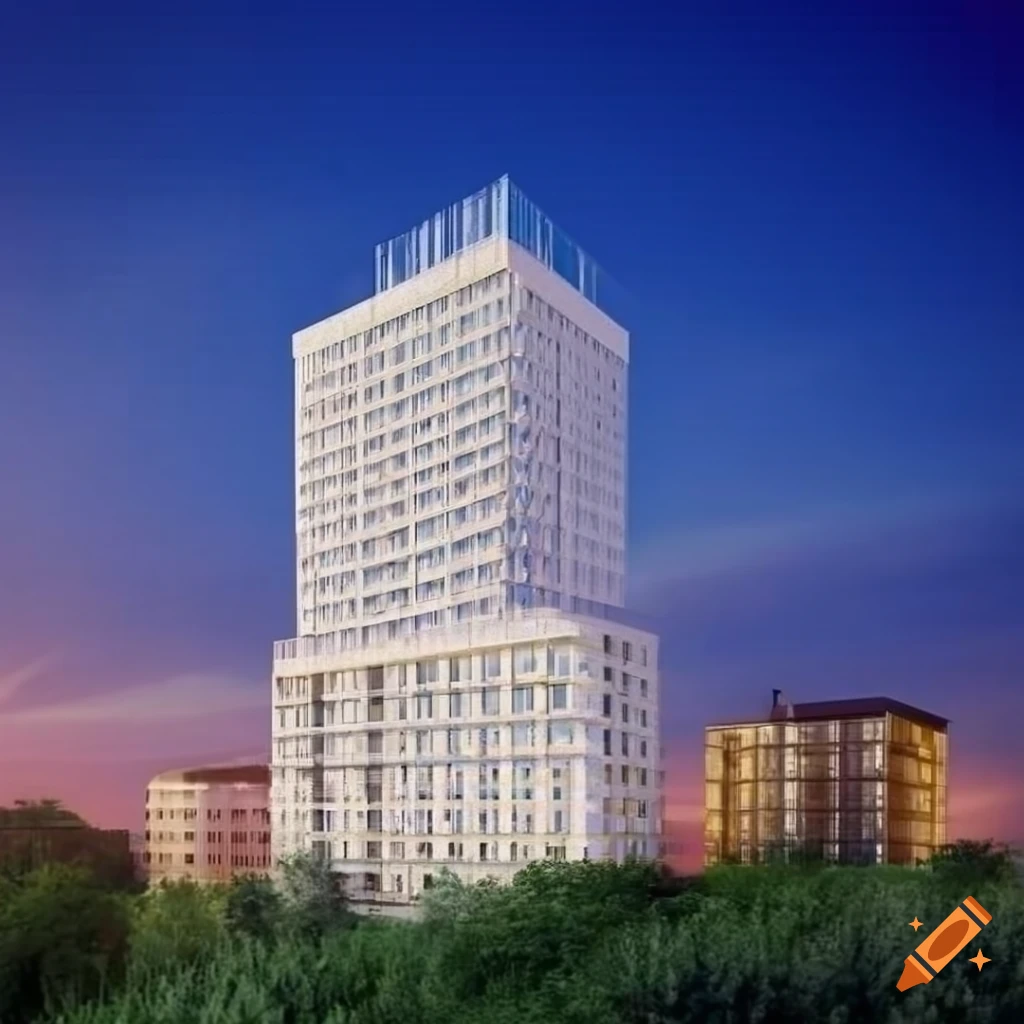 Architectural rendering of three white towers at dusk on Craiyon