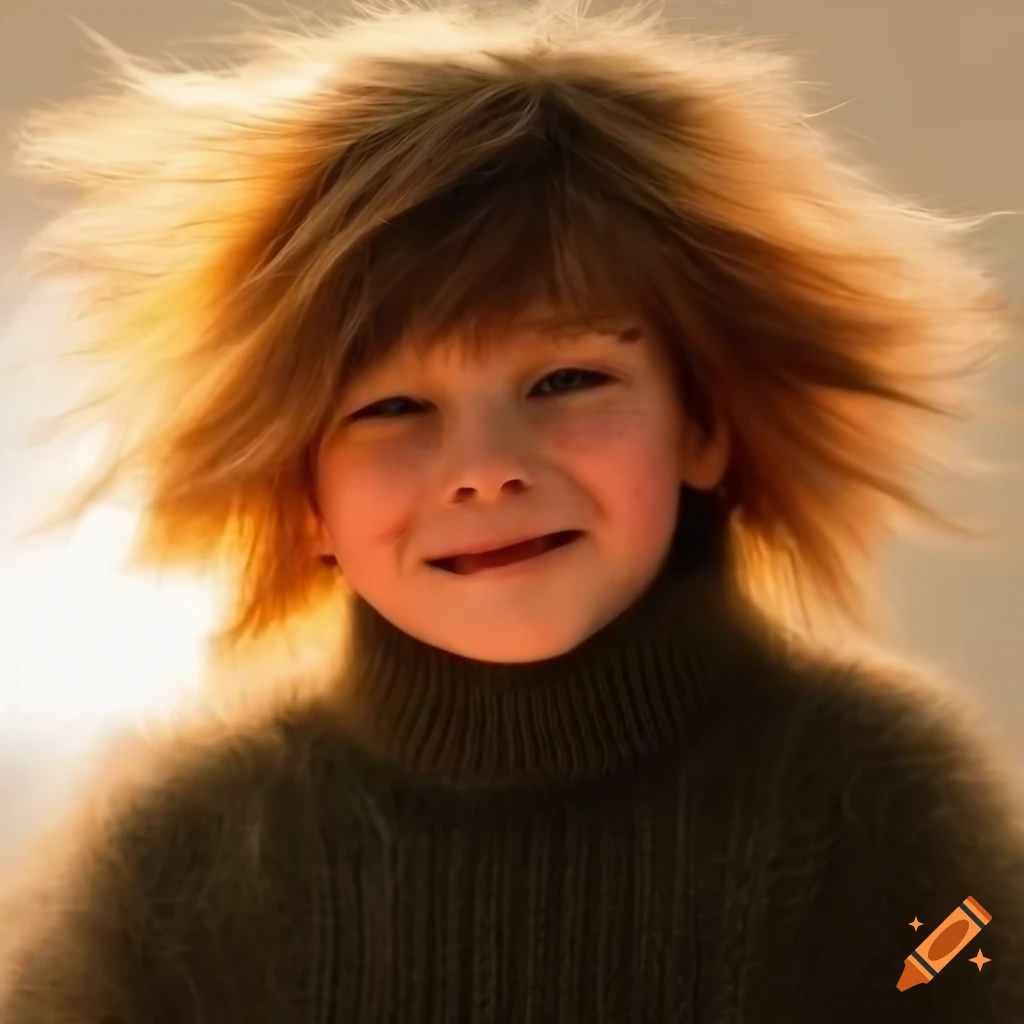 Blond boy with fuzzy hair and mohair sweater on Craiyon
