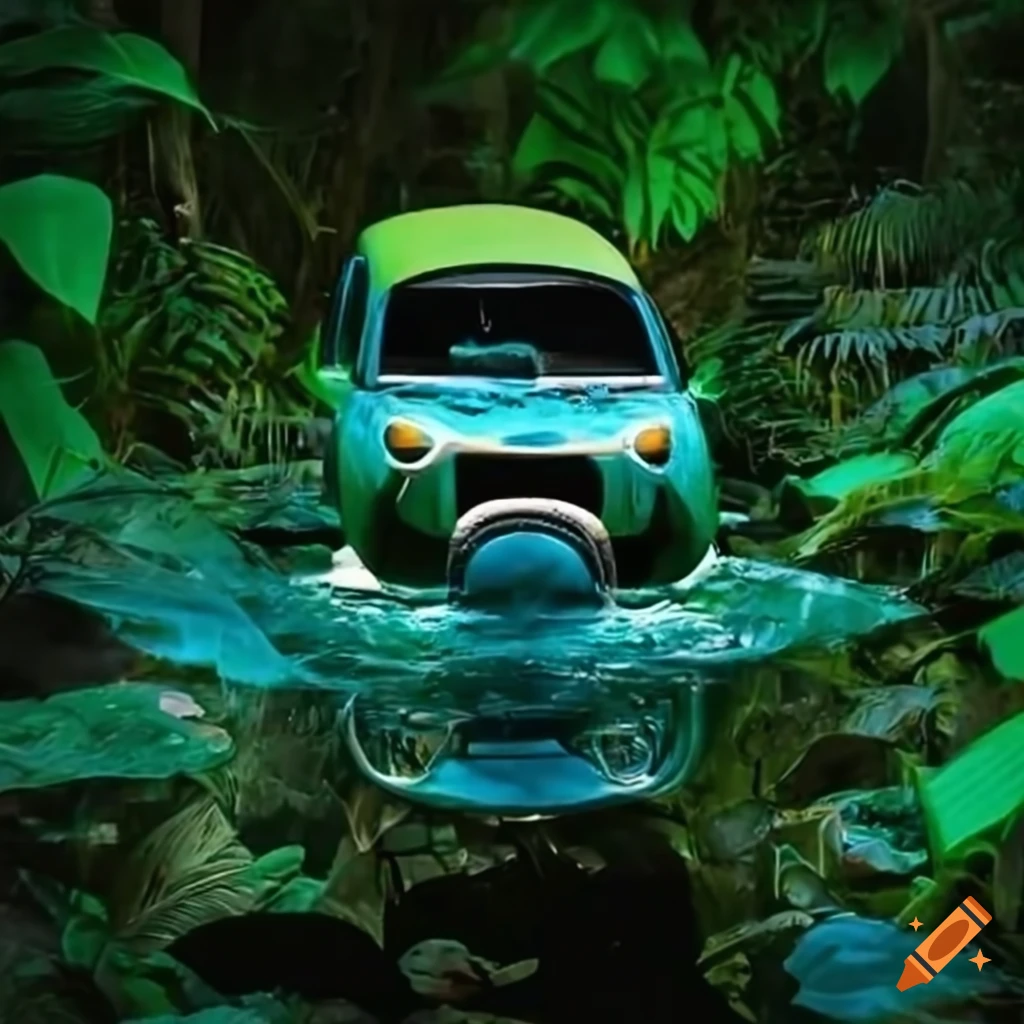 Electric car in a lush green jungle