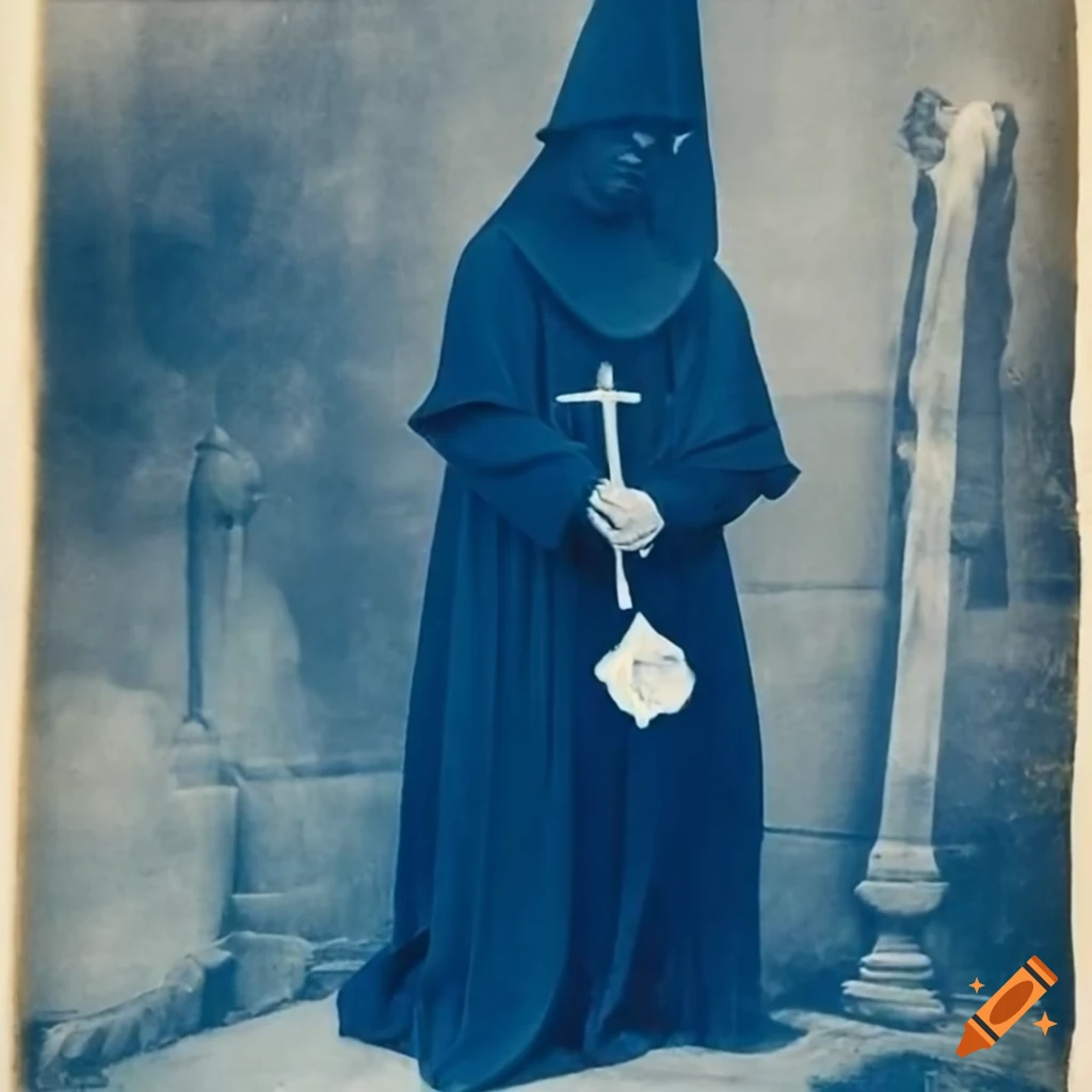 Catholic Penitents in Christian robes and hoods in old cyanotype photo ...