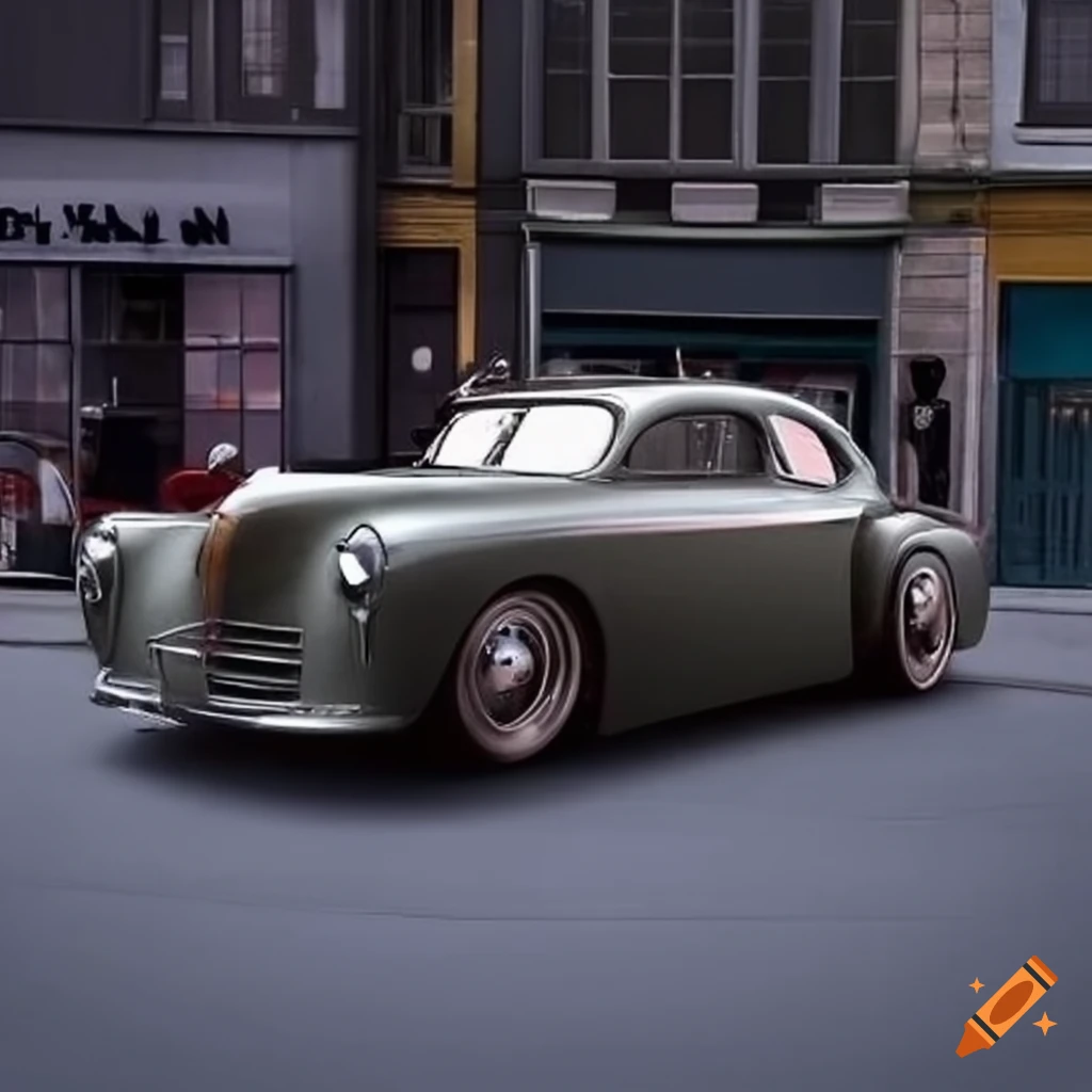 Ultra modern 1940's style car parked on a busy street on Craiyon