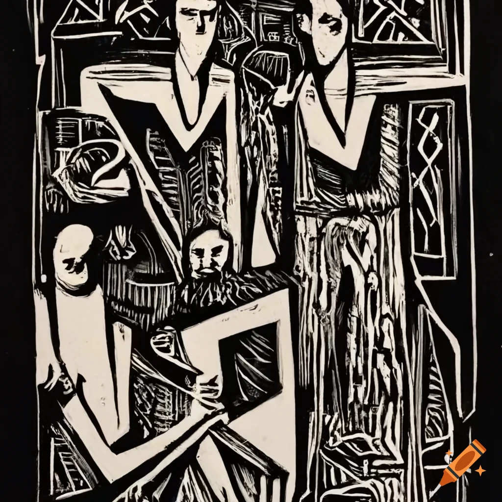 Surreal lino print inspired by max beckmann's style on Craiyon