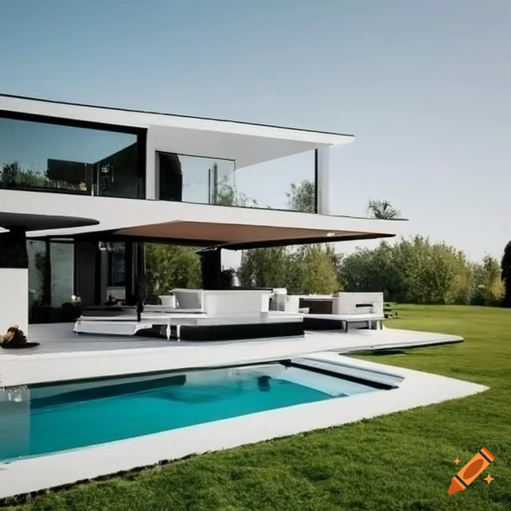 Black and white modern house with pool and grass on Craiyon