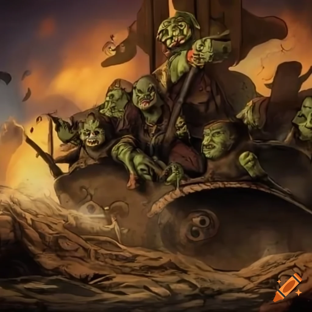 Illustration of mischievous goblins driving a tank on Craiyon