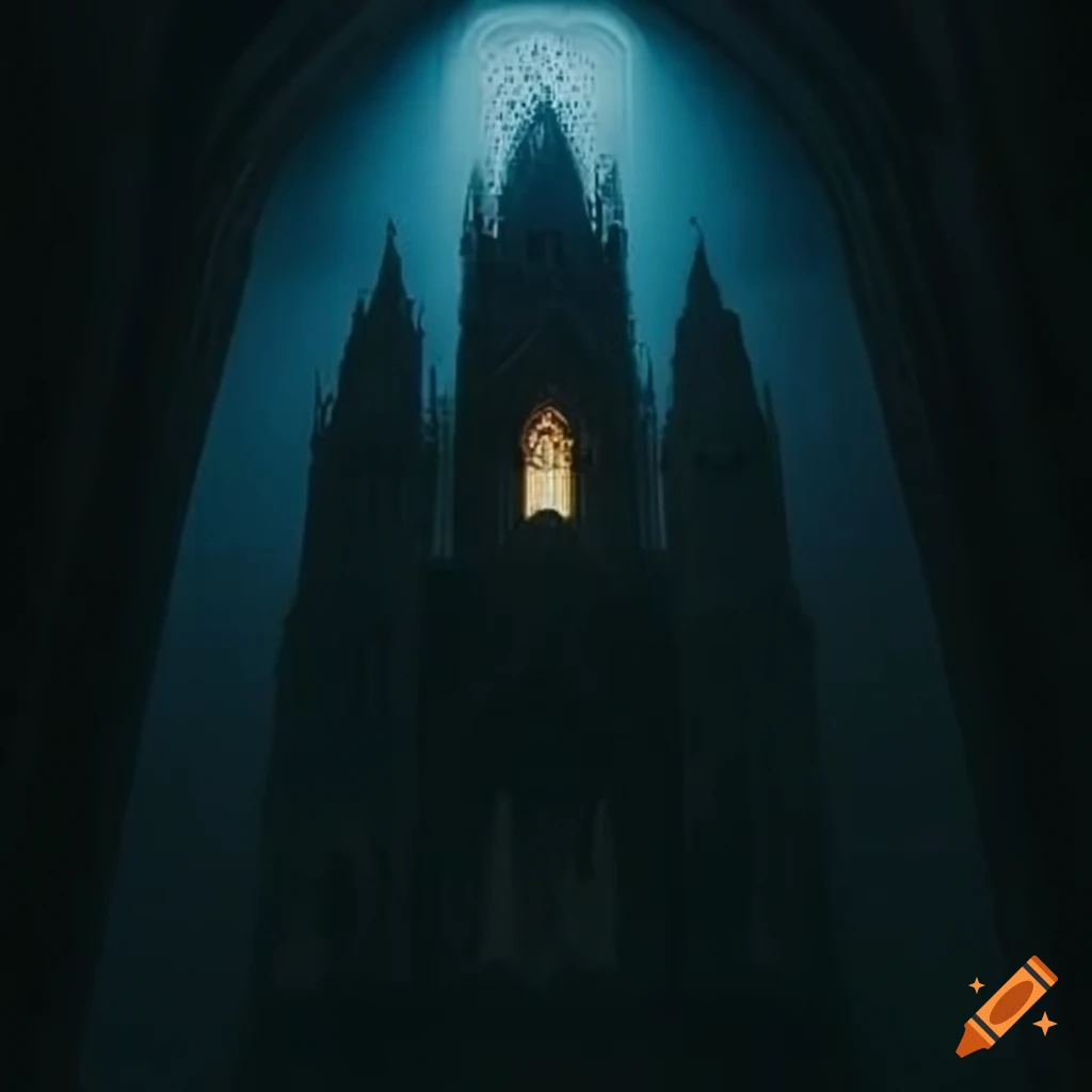 Dark interior of a cathedral at night on Craiyon