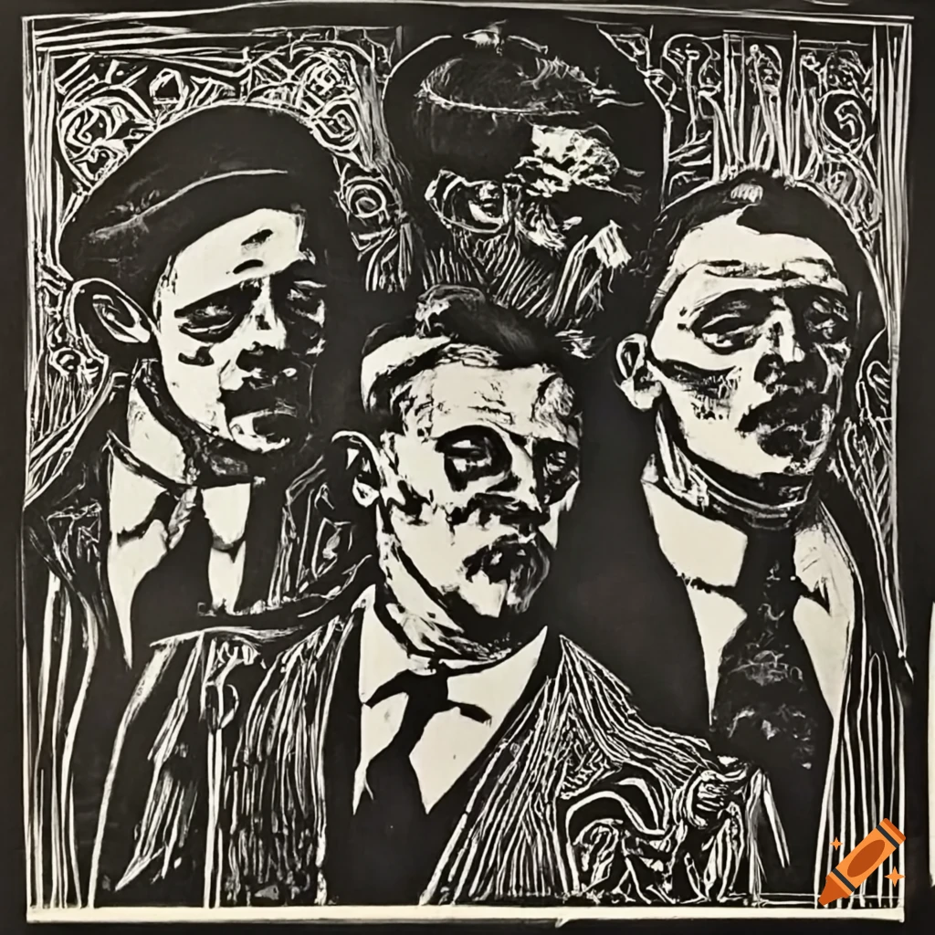 Linocut print depicting men in groups on Craiyon