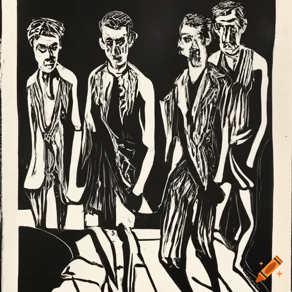 Linocut print depicting men in groups