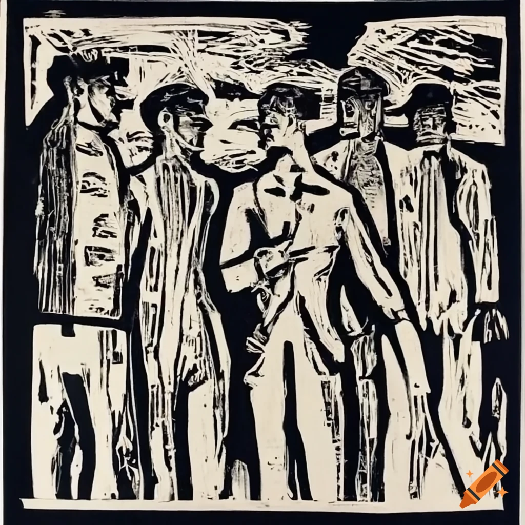 Linocut print depicting men in groups on Craiyon