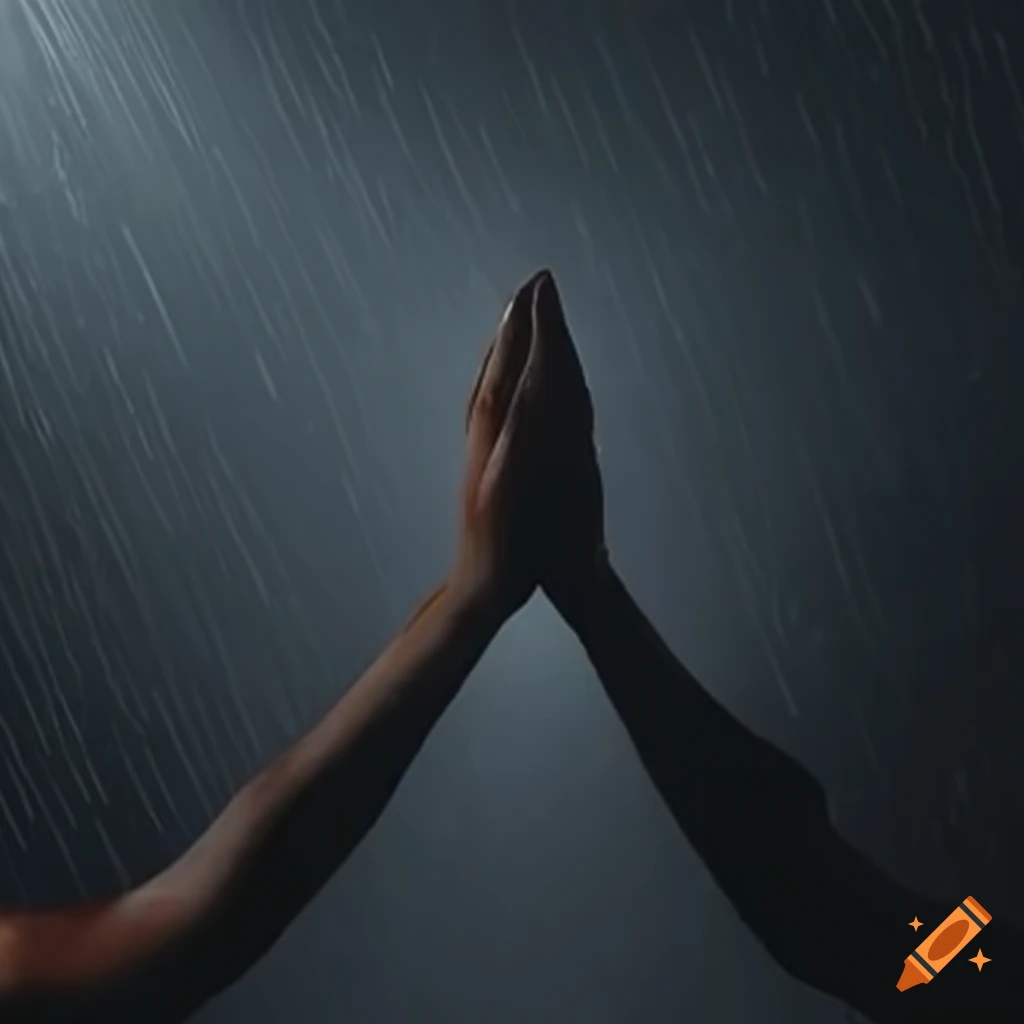 Silhouette of praying hands in heavy rain on Craiyon