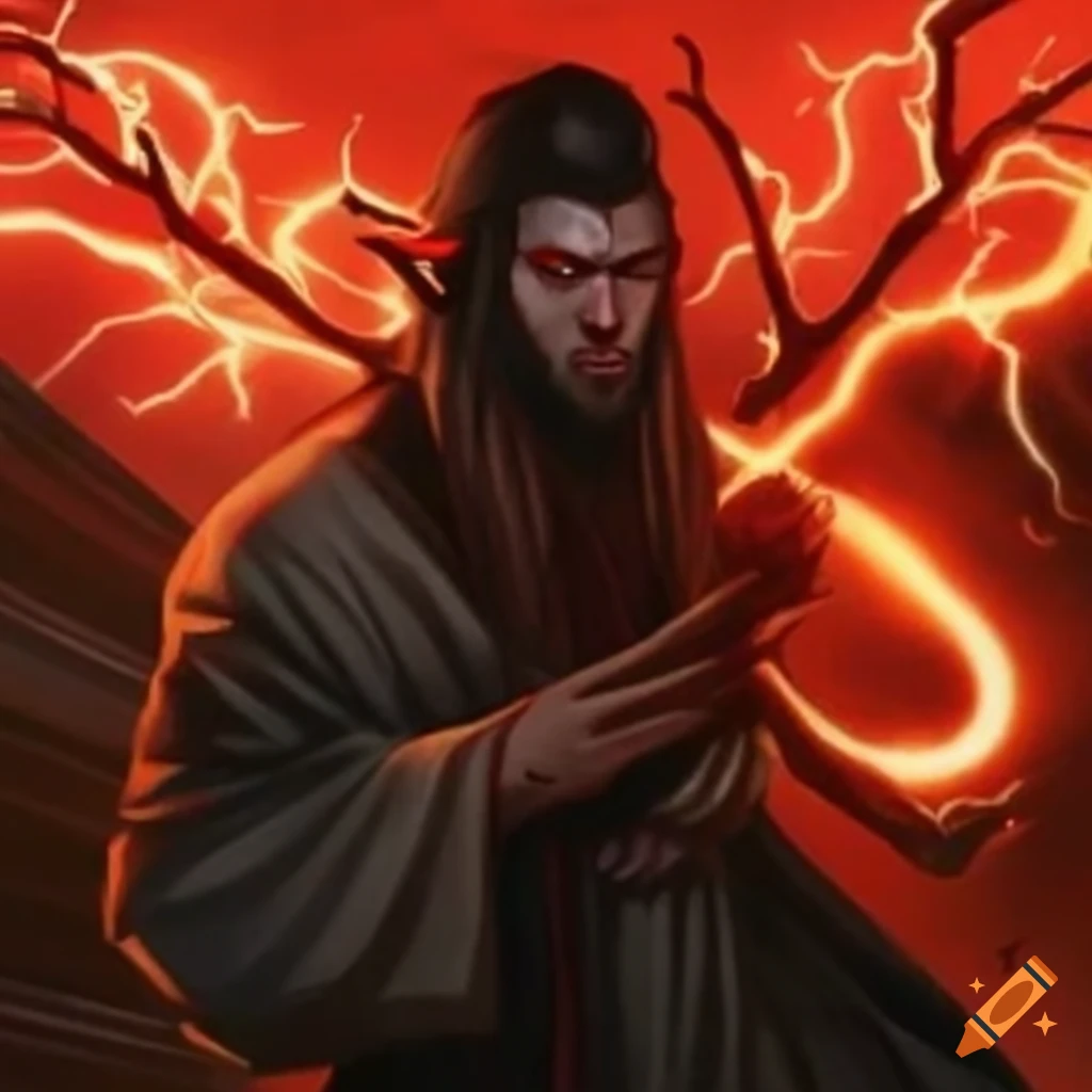 Illustration of an Asian elf male with red lightning magic on Craiyon