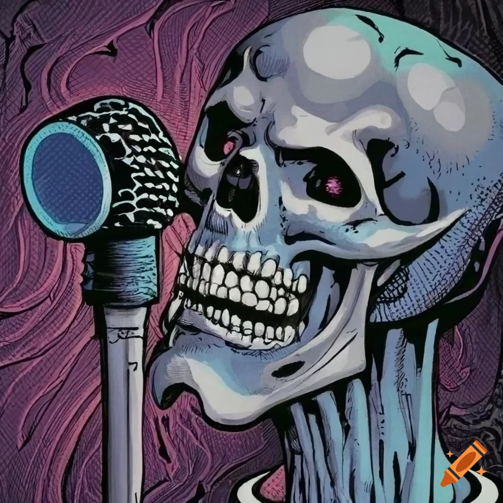 Retro comic art of a singing skull on Craiyon