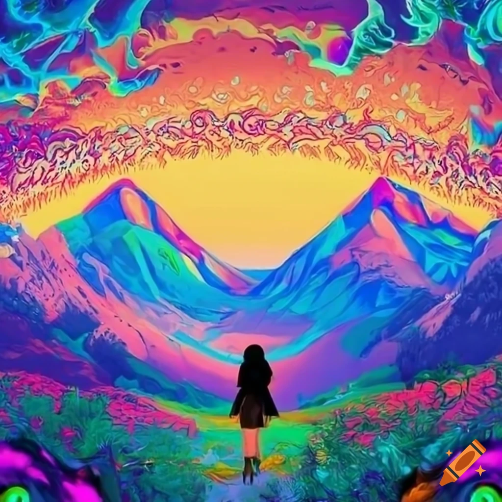 Psychedelic mountain landscape with a girl