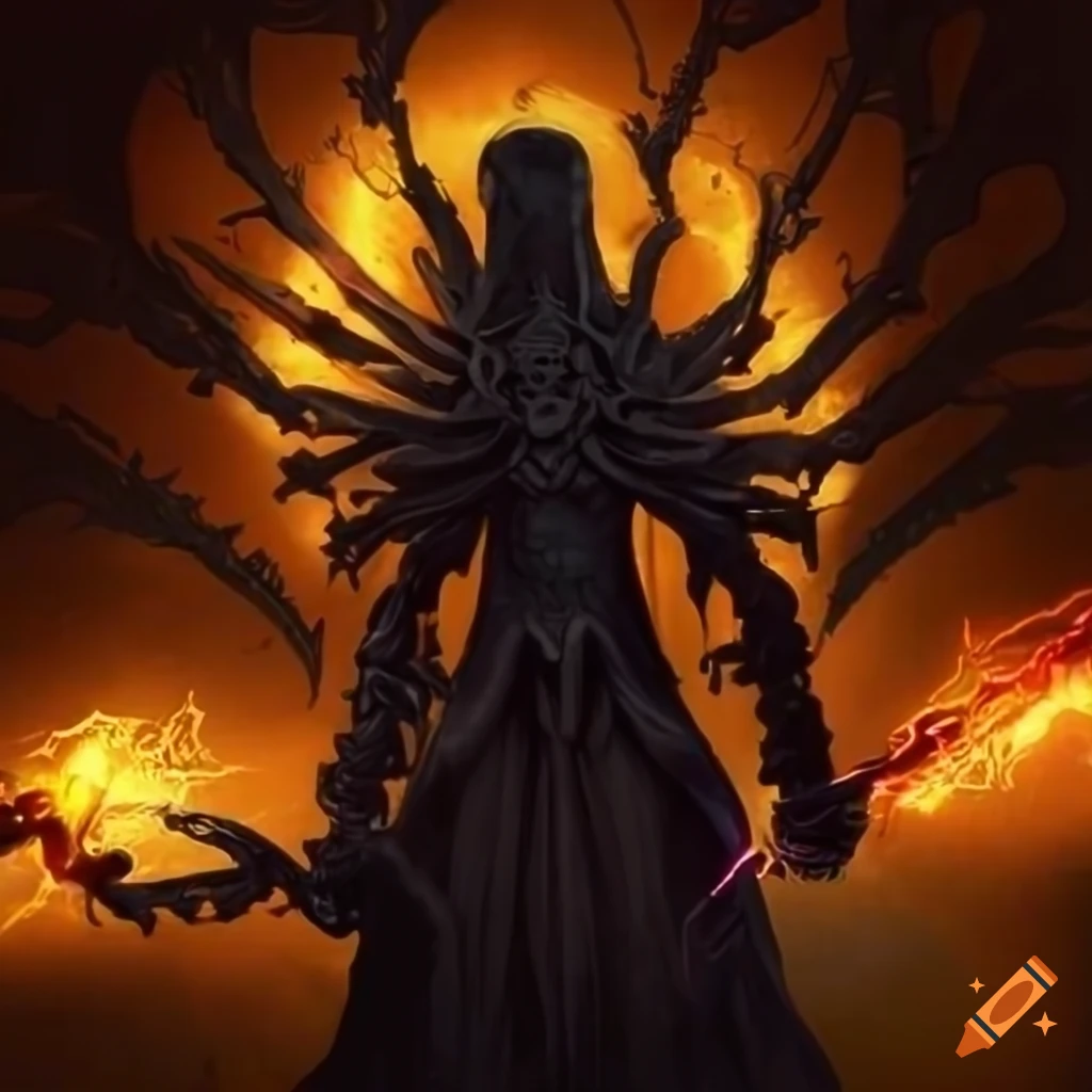 Digital art of a gothic figure with skeletal wings and a glowing axe on ...