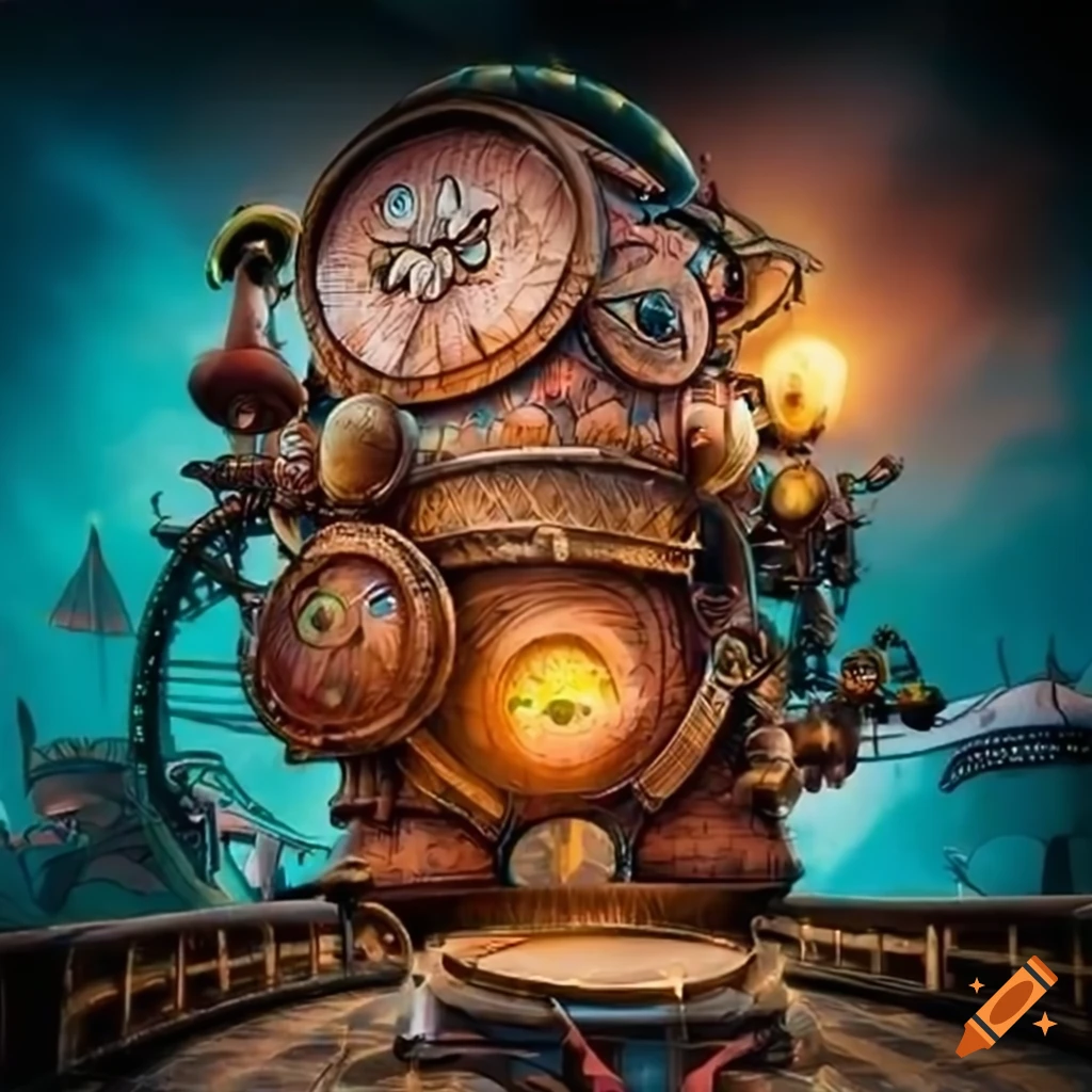 Cartoon image of a steampunk amusement park on Craiyon