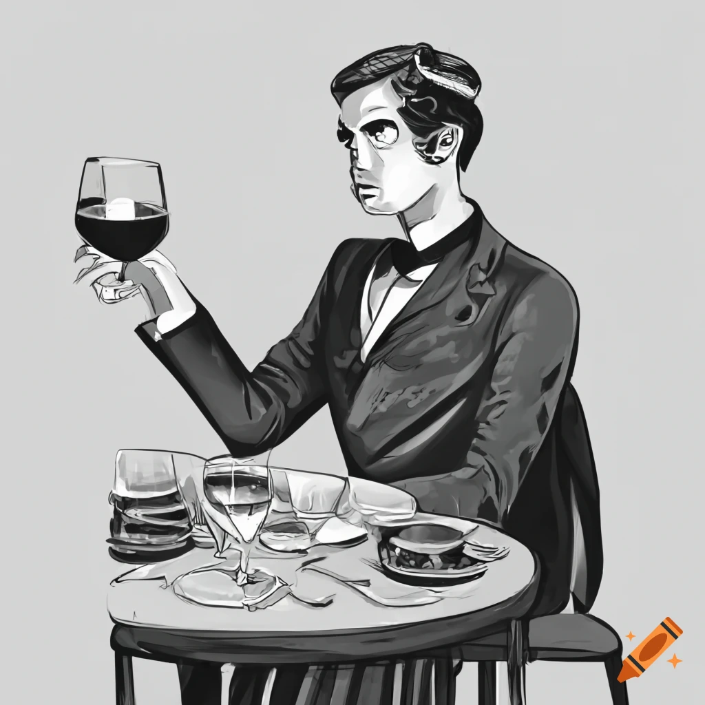 Illustration of a dandy man at a cafe table with a glass of wine on Craiyon
