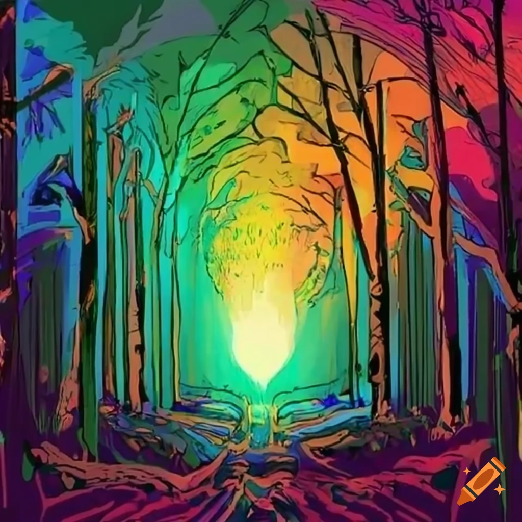 Colorful rays of light shining through the trees in a forest on Craiyon