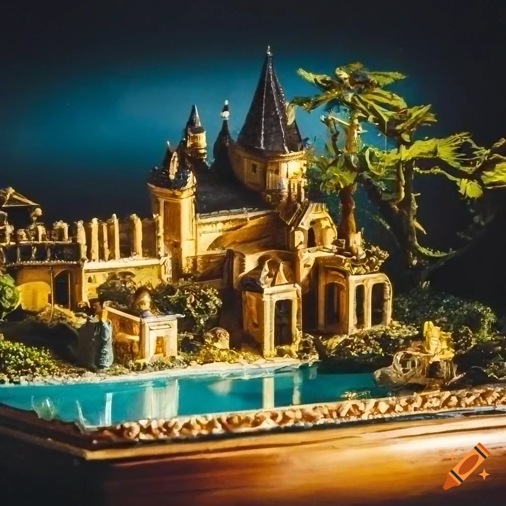 Snowy mountain with northern lights in a diorama on Craiyon