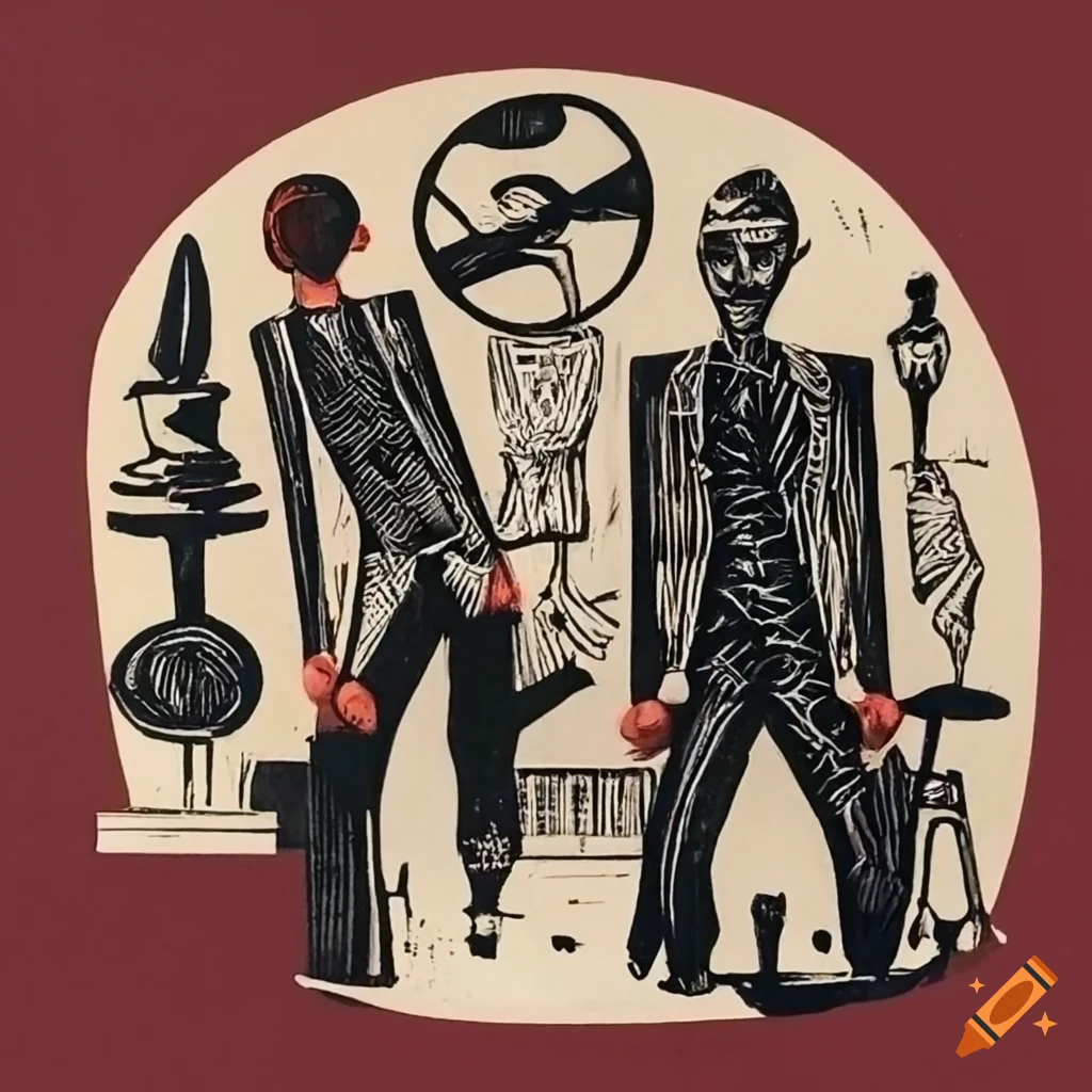 Surreal lino print with strange objects and men on Craiyon