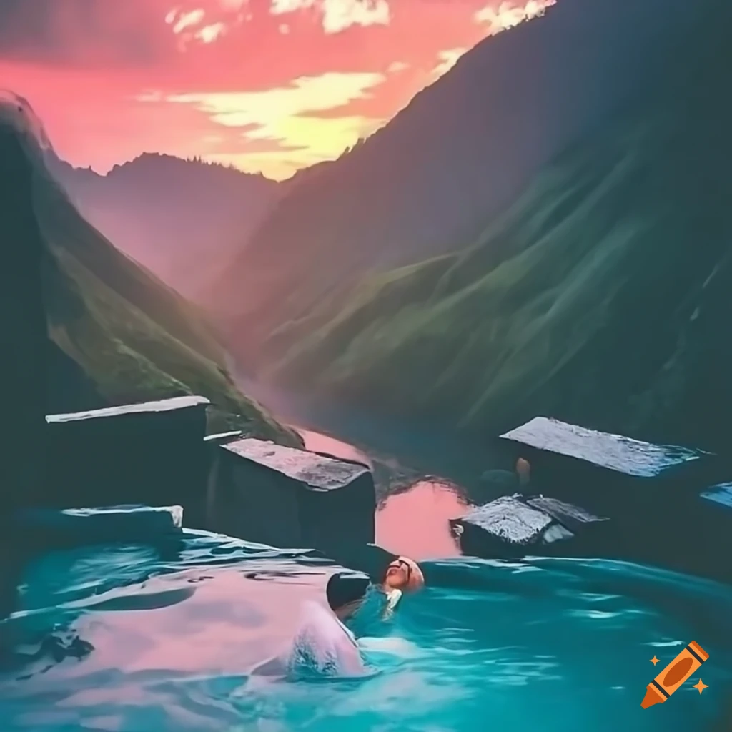 Solo travel girl enjoying an onsen on Craiyon