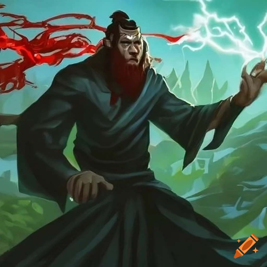 Illustration of an Asian elf male with red lightning magic on Craiyon