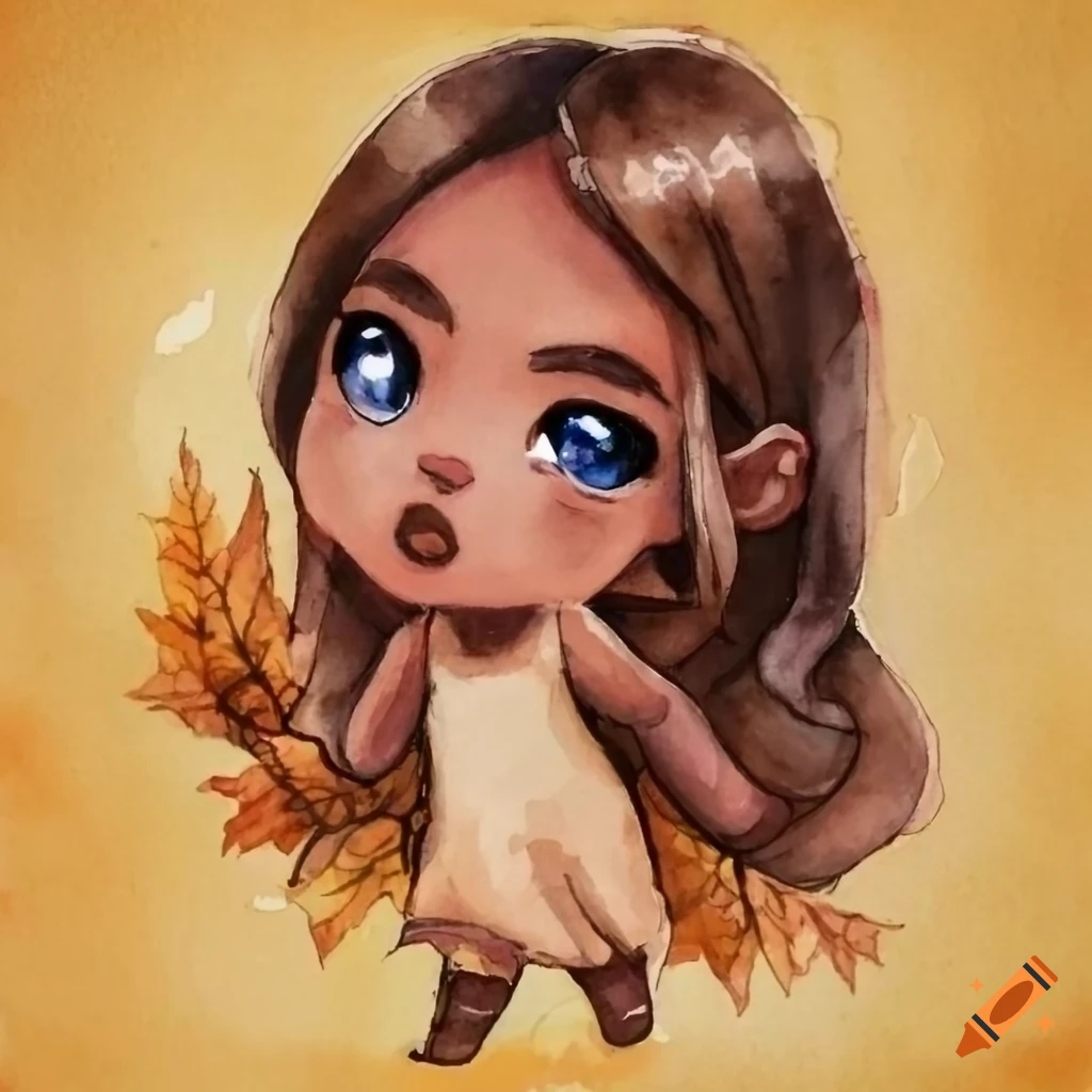 Watercolor illustration of a cute chibi lady in an autumn field