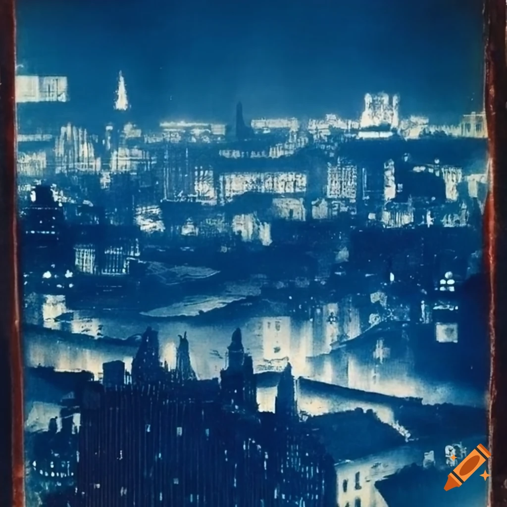Cyanotype of a beautiful cityscape at night on Craiyon
