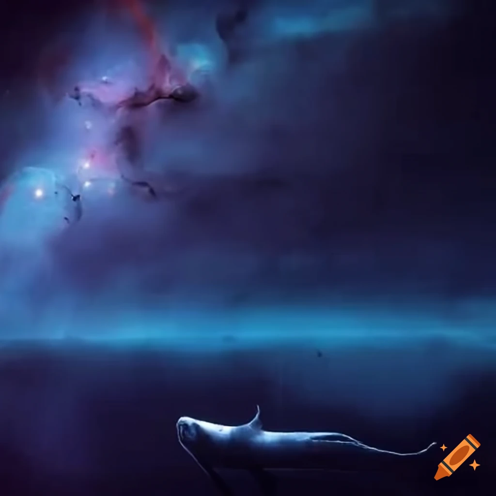 Charcoal drawing of flying whales in a nebula