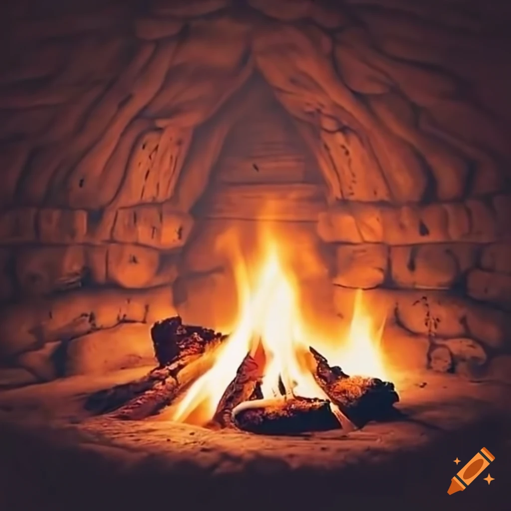 Cozy cave interior with burning campfire