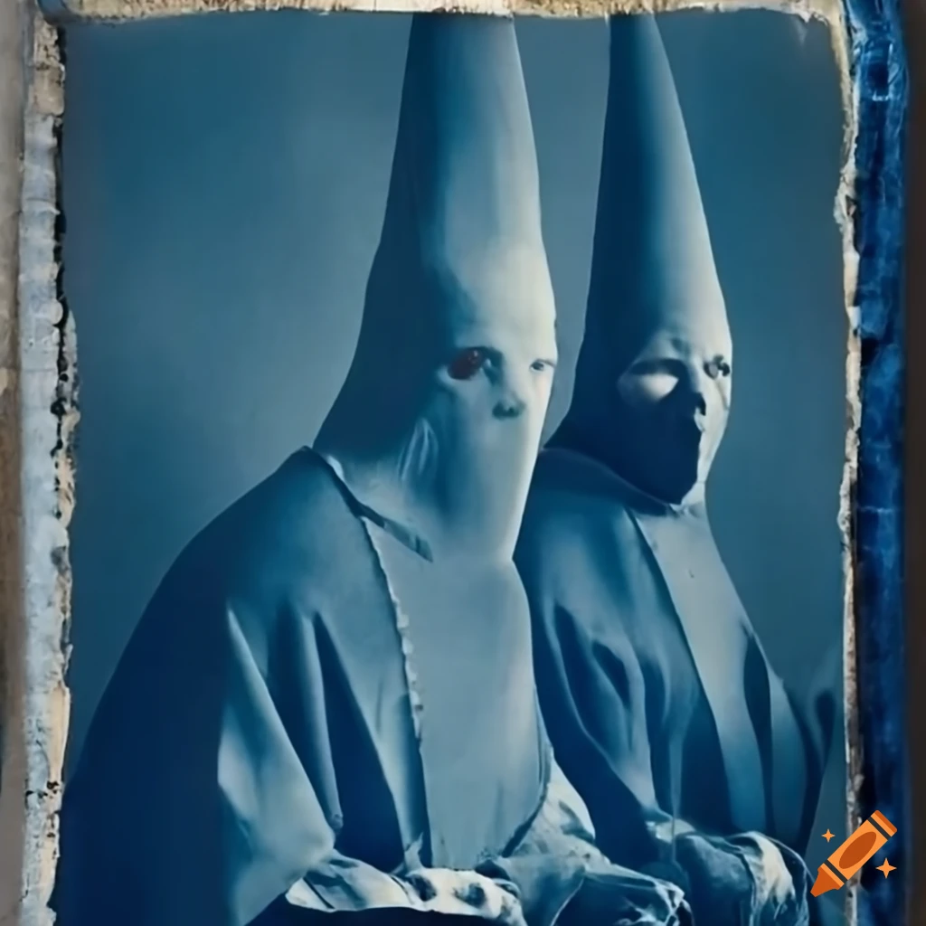 Catholic Penitents in Christian robes and hoods in old cyanotype photo ...