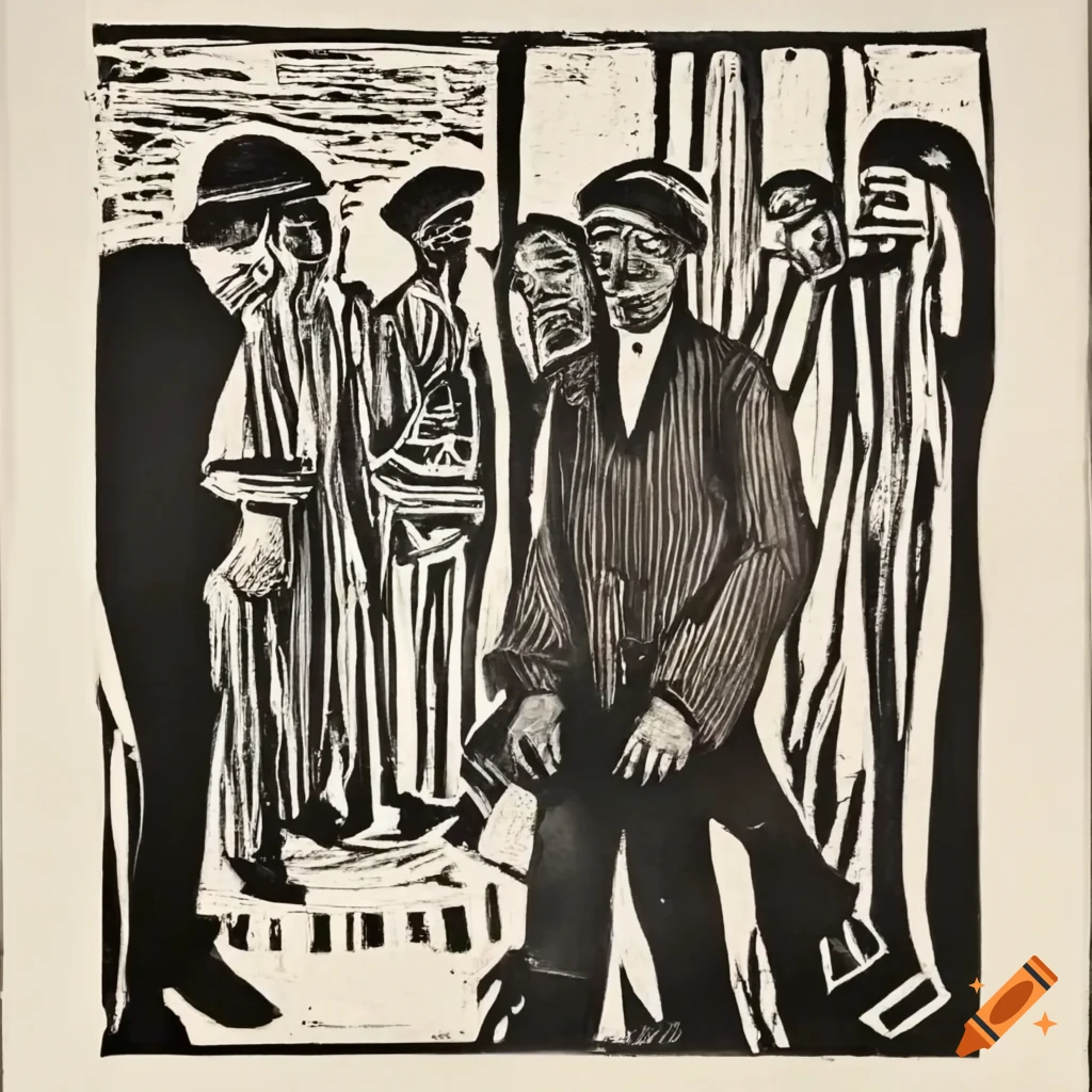 Lino print of men in group in the style of max beckmann and otto dix