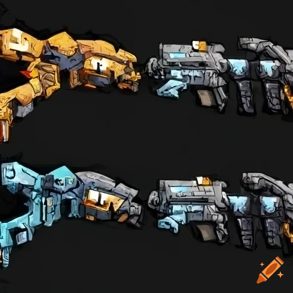 Concept art of modular weapon designs on Craiyon