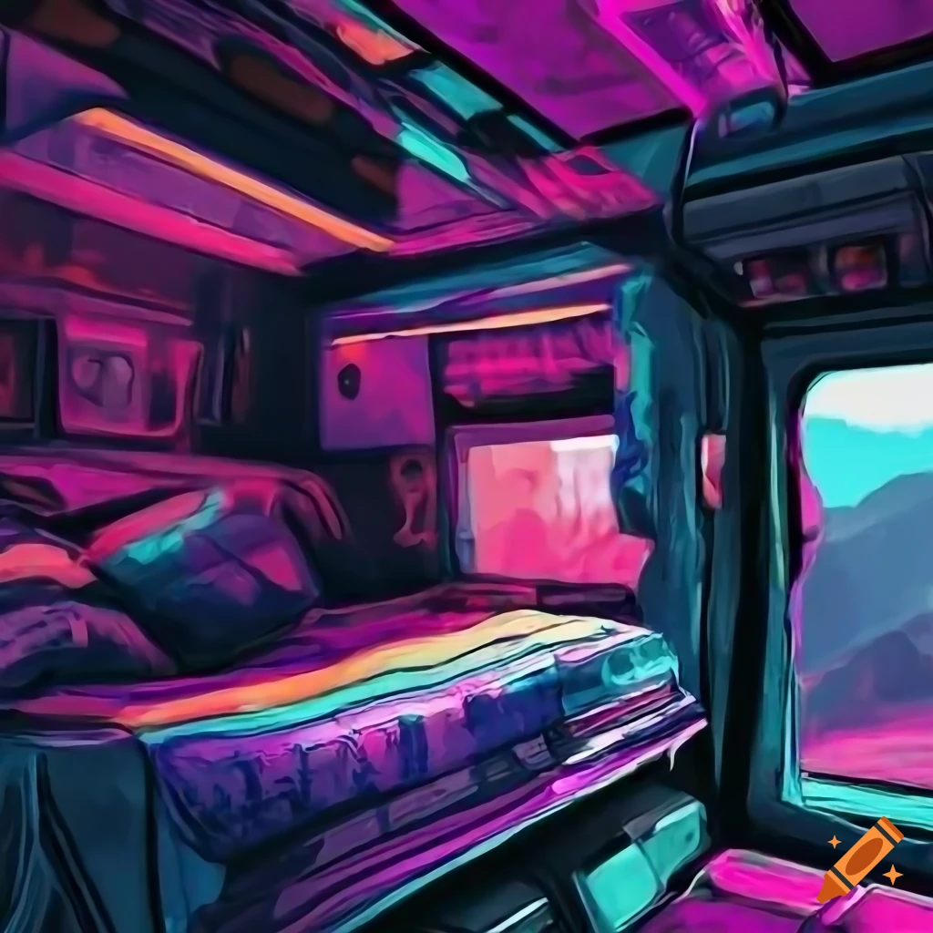 Colorful digital painting of the interior of a camper van on Craiyon