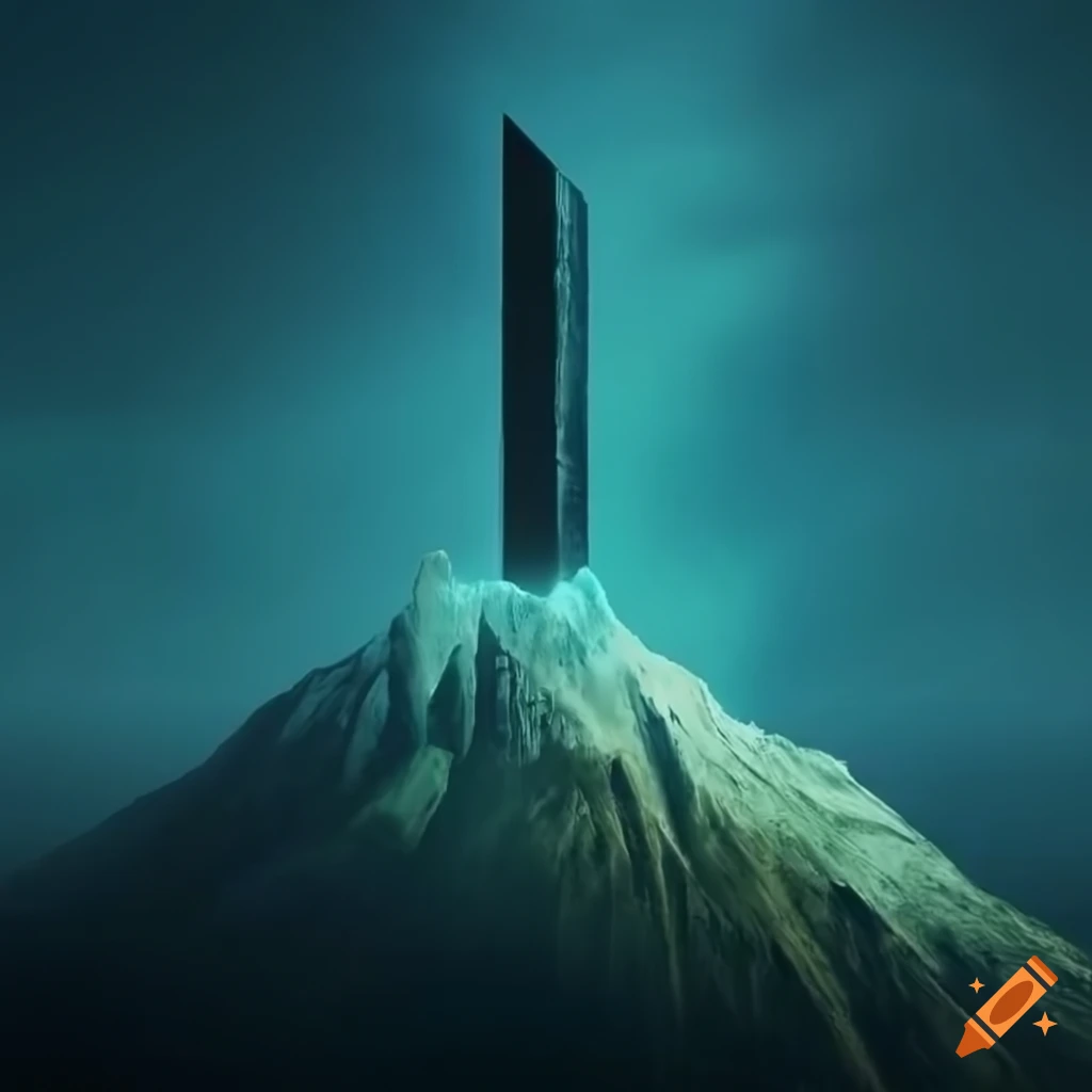 Post-apocalyptic landscape with a towering alien monolith on Craiyon