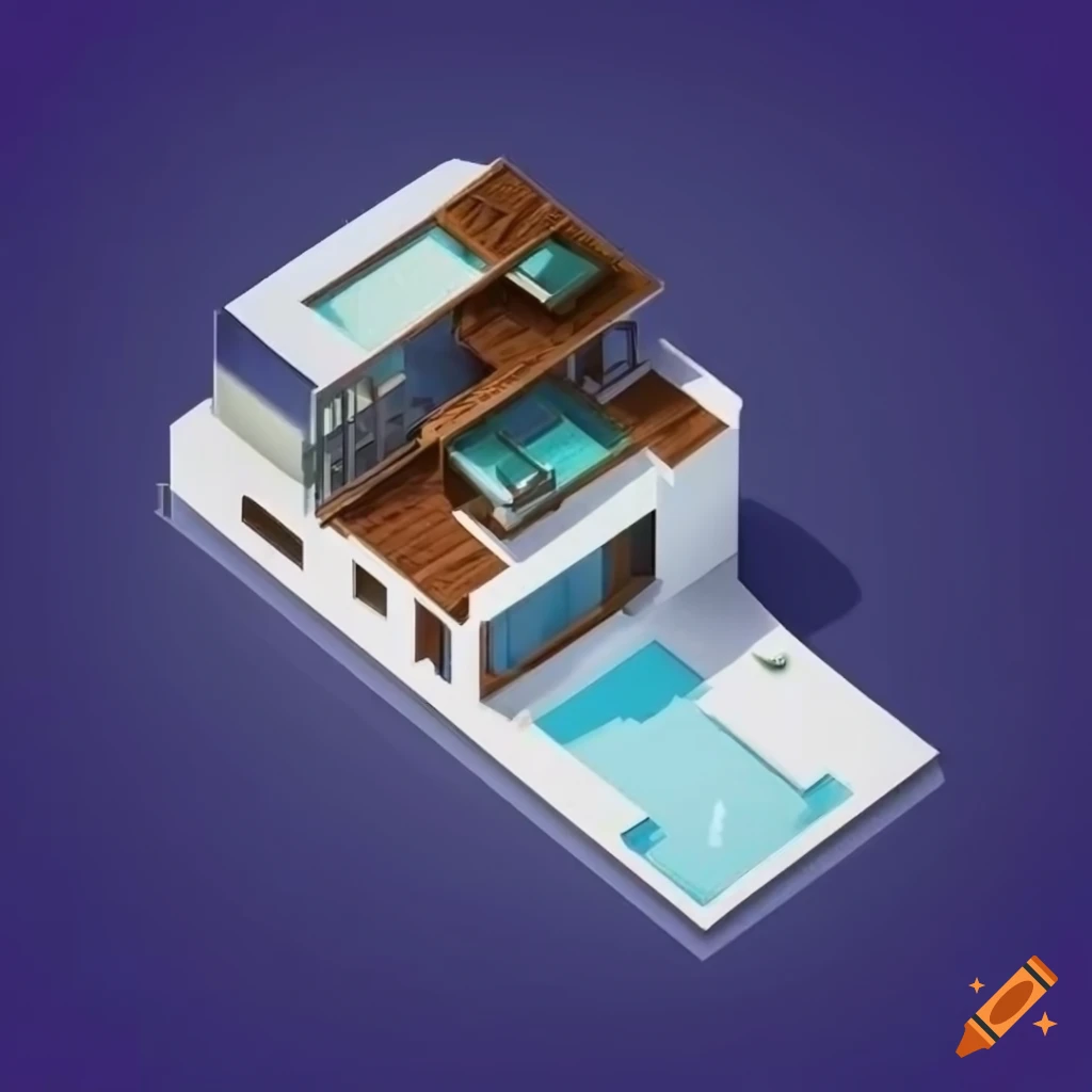 Isometric view of a modern house from above on Craiyon