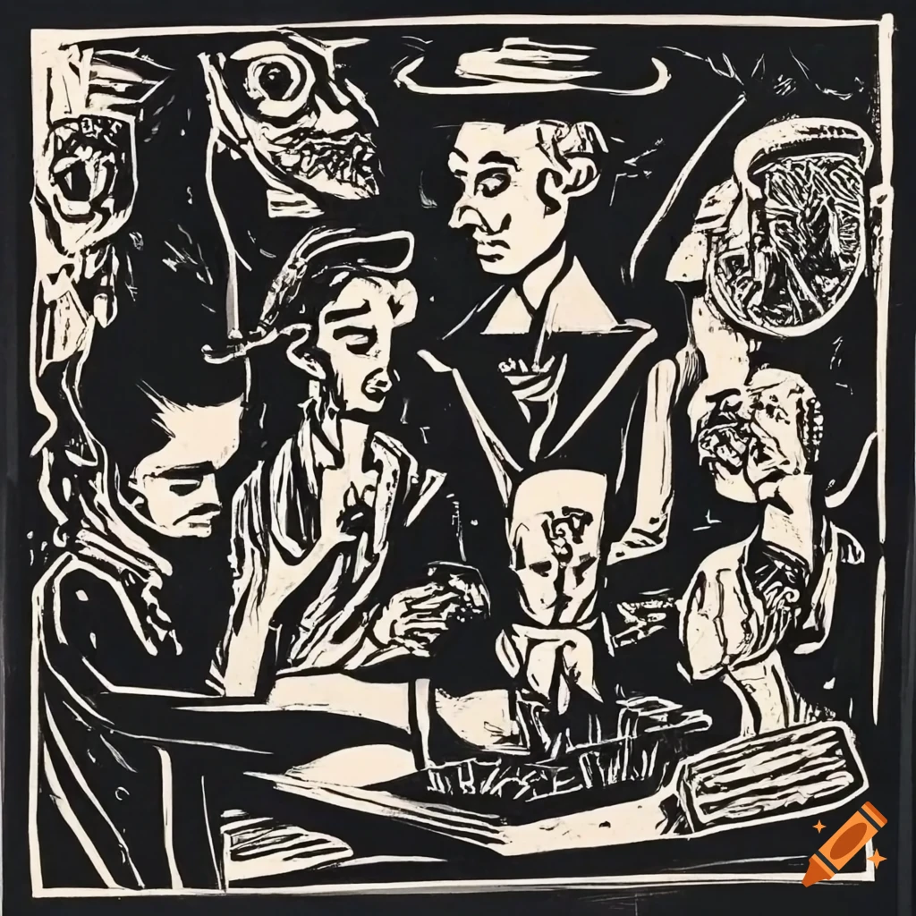 Surreal lino print with strange objects and men