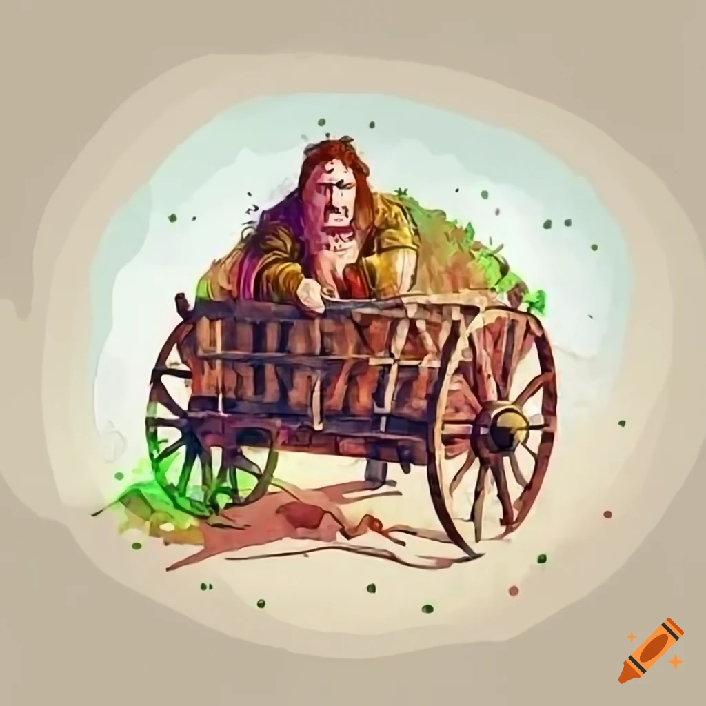Hobbit barbarian driving a wooden wagon in the shire on Craiyon