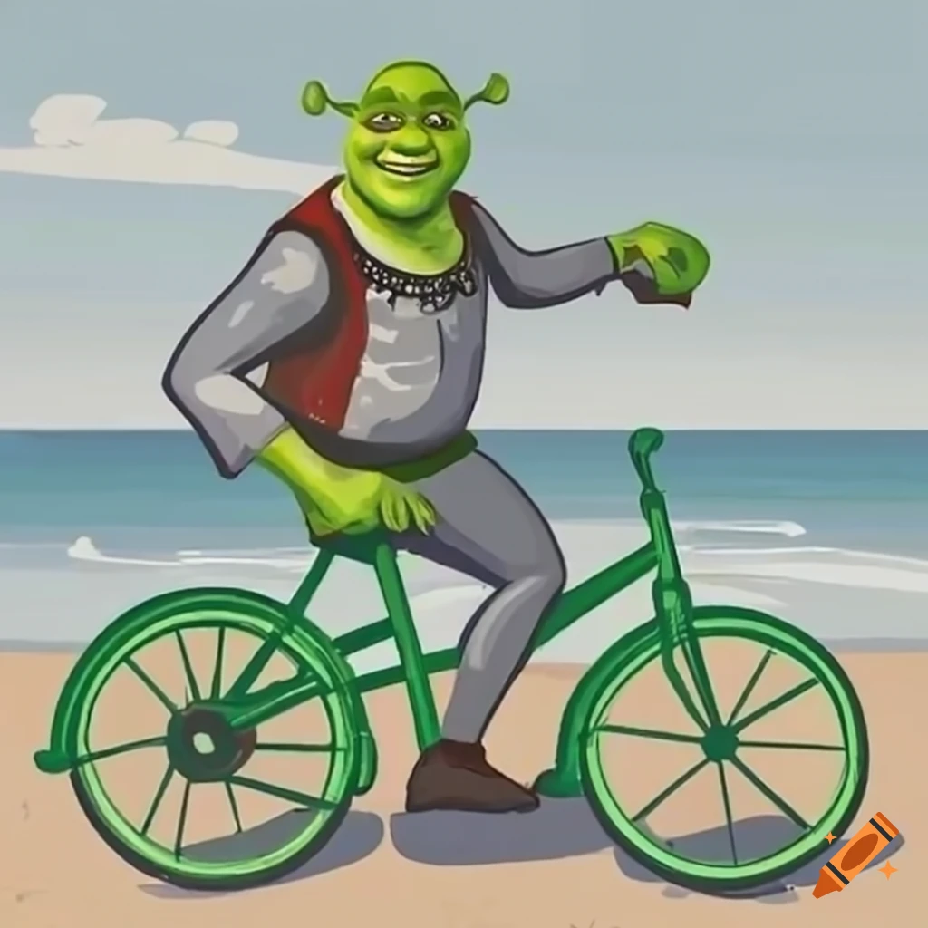 Shrek riding a bike on the beach